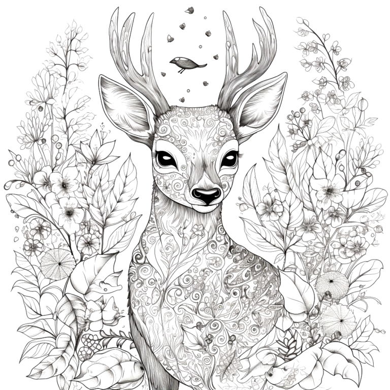 "Blumen und Rehe" Ausmalbild - kostenlos herunterladen