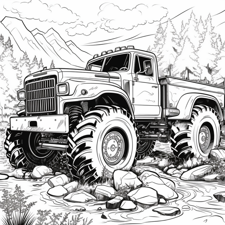 "Monstertruck auf Felsen" Ausmalbild - kostenlos herunterladen