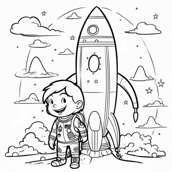 "Ausmalbild Kind und Rakete" Ausmalbild - kostenlos herunterladen