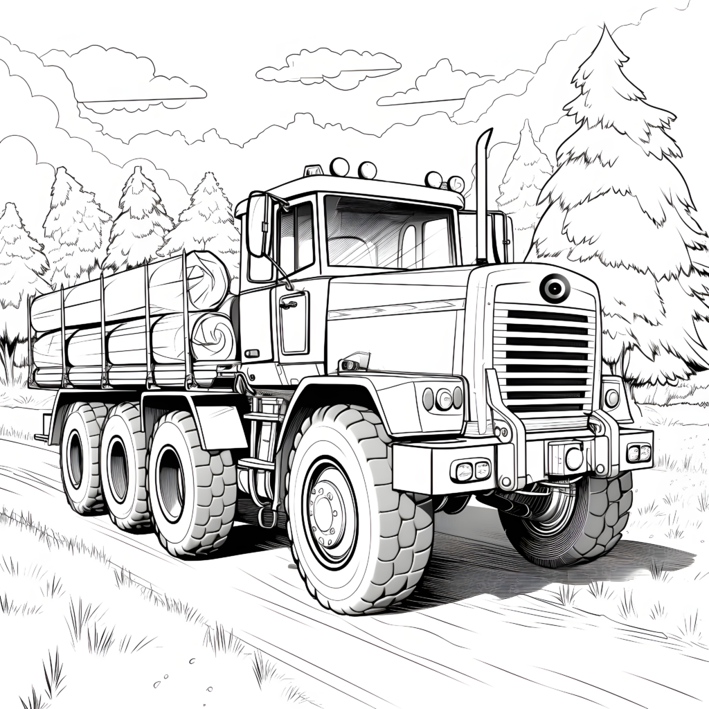 „Traktor mit Anhänger im Wald“– kostenloses Ausmalbild